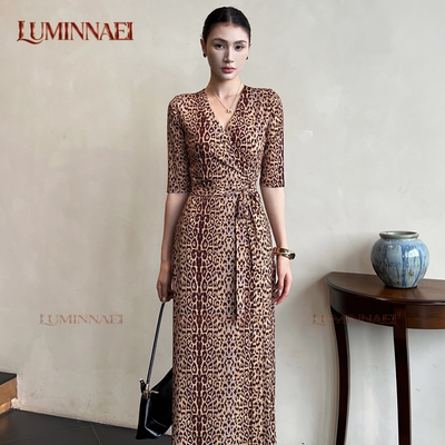 【LUMINNAEI】杏色豹纹裹身裙女