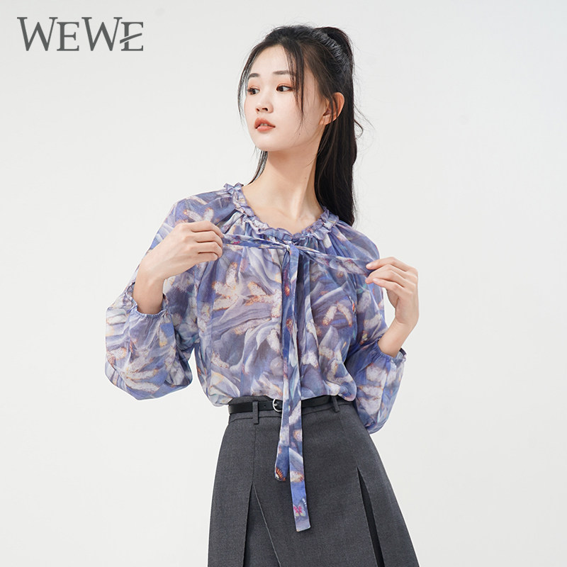 WEWE/唯唯秋新品清新文艺复古港味女士衬衫系带通勤