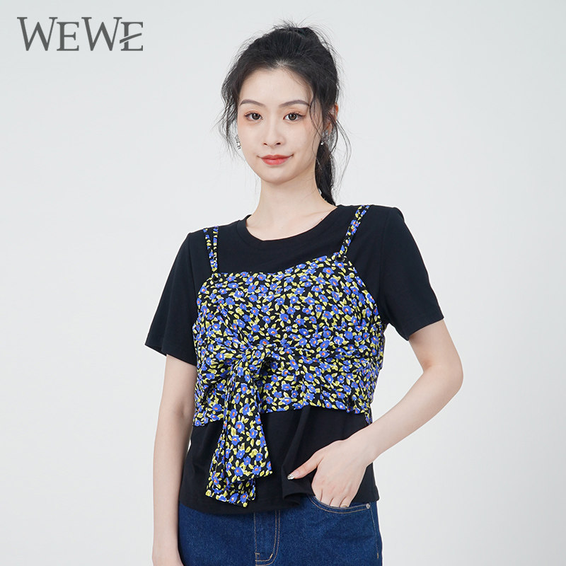 WEWE唯唯夏季新品女装个性碎花吊带拼接休闲t恤假两件上衣