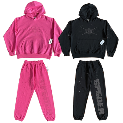 Sp5der worldwide 555555 烫钻蜘蛛网连帽卫衣长裤套装