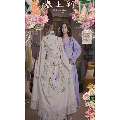 0315直播90洛可可插画·玫瑰与天鹅湖·彼得潘公主袖连衣裙3件套