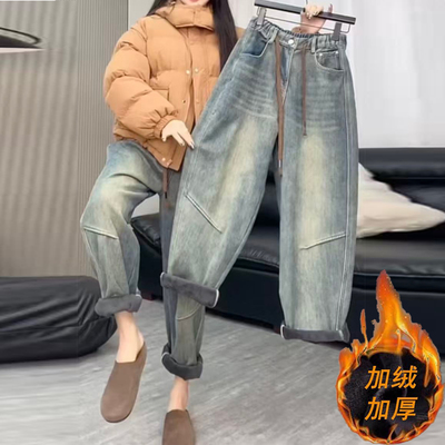 加绒加厚宽松牛仔老爹裤女