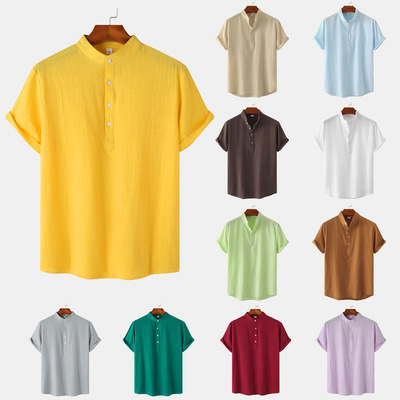 New Cotton Linen Shirts for Men Casual Shirts Short Sleeve