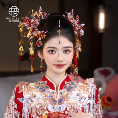 2025新中式新娘秀禾头饰龙凤褂旗袍配饰造蝴蝶眉心坠发饰跟妆饰品