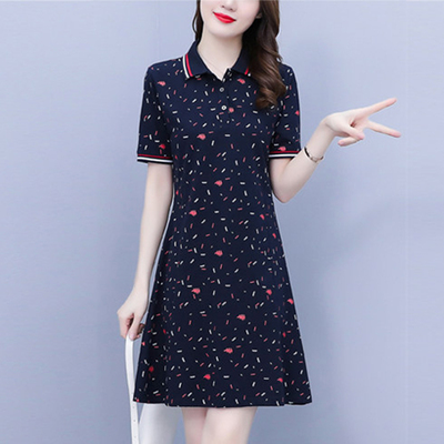 大码女装中长款印花连衣裙polo
