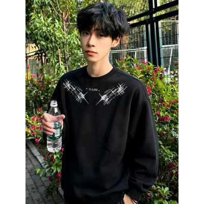 美式潮牌加绒圆领星星印花卫衣男