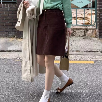 灯芯绒中长款半身裙a字裙子黑色