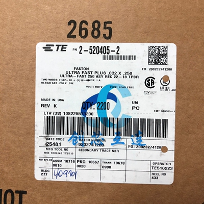 TE泰科连接器 2-520405-2 线规：18-22AWG 红色绝缘 冷压端子