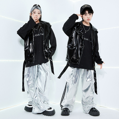 男女童街舞皮马甲套装演出服