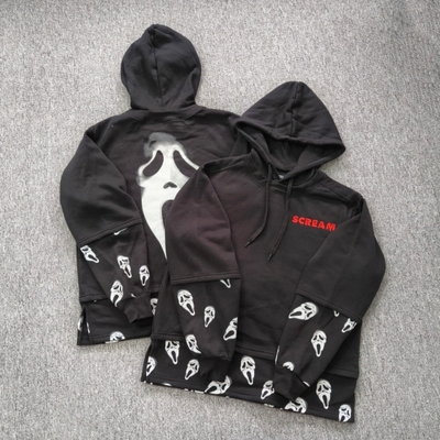 外贸    秋冬鬼脸尖叫面具连帽卫衣休闲宽松刺绣假两件帽衫男女