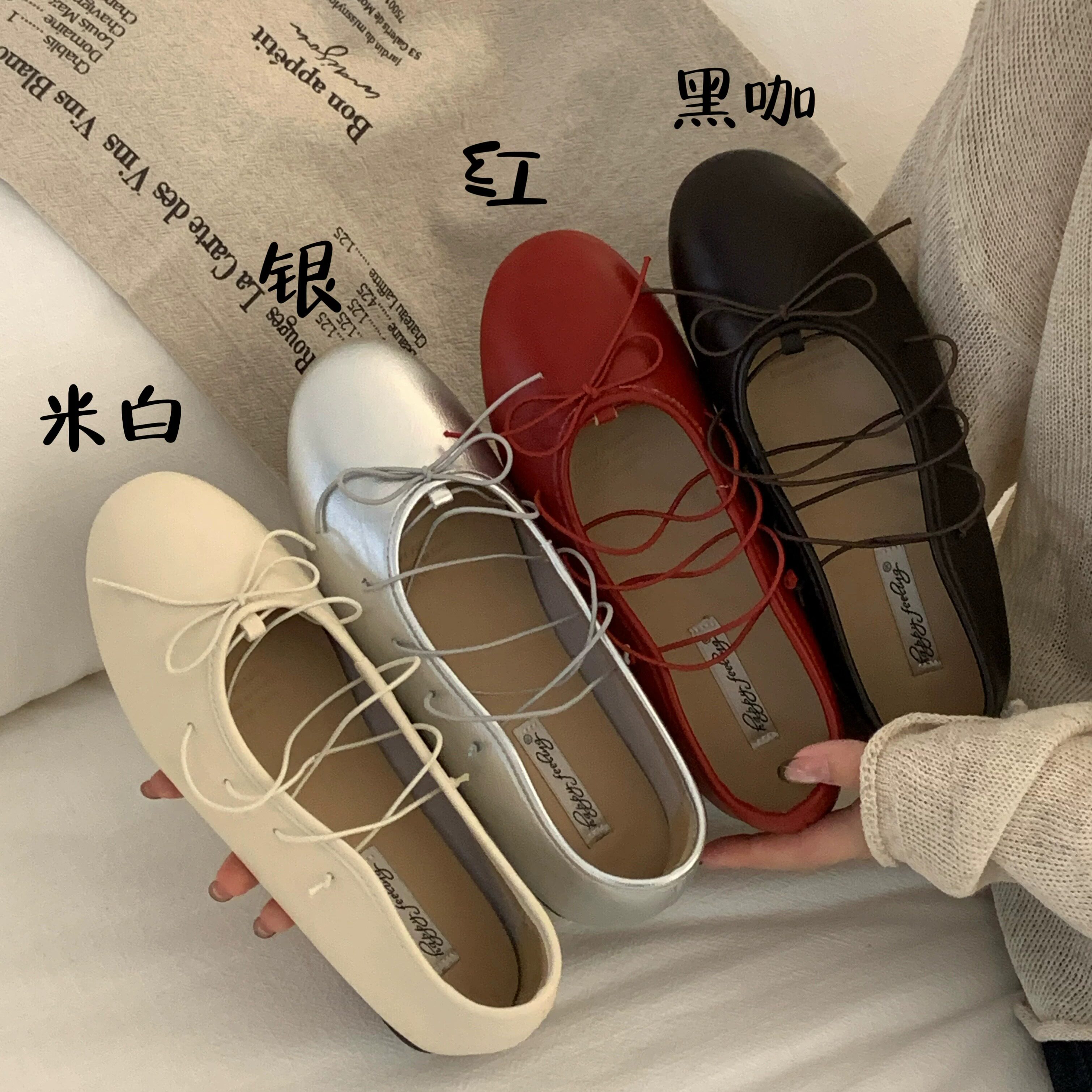 复古风蝴蝶结芭蕾舞鞋女平底圆头浅口瓢鞋绑带单鞋软底孕妇奶奶鞋
