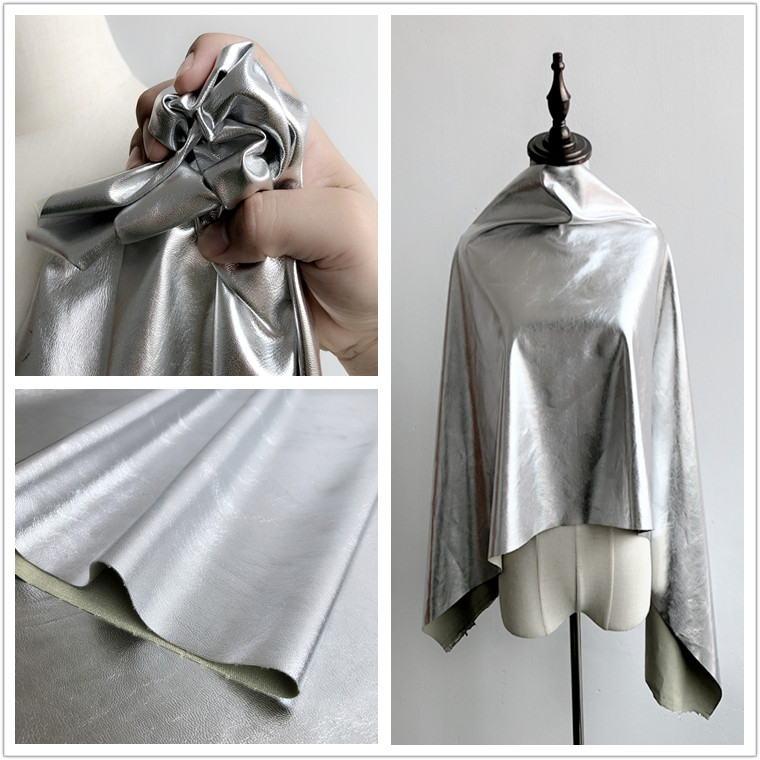 亮银色 柔软银皮革 耐磨pu仿皮布料 梭织底无弹力 服装设计师面料