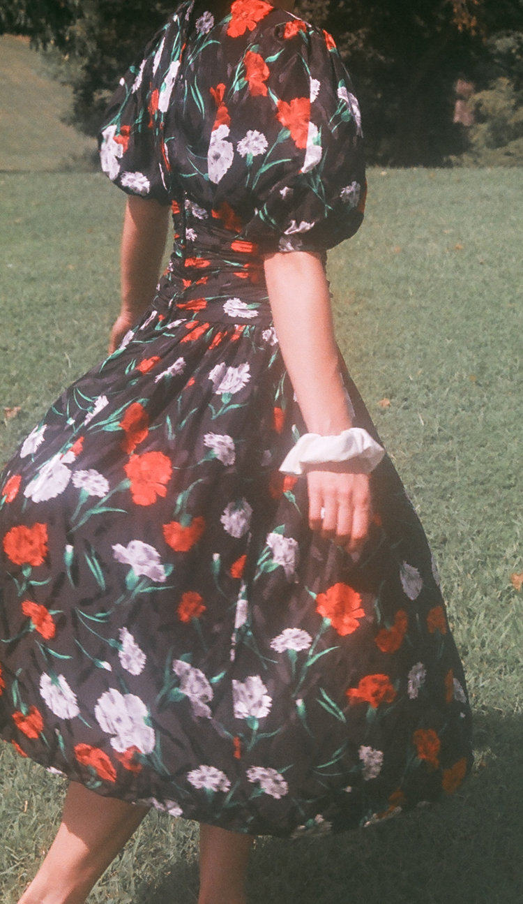 夏日舞会 vintage 孤品 复古印花 大花朵 灯笼袖 连衣裙