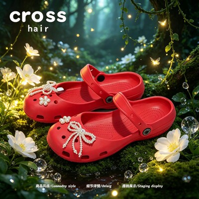 【童话少女】crosshair夏季珍珠碎钻蝴蝶结洞洞鞋女平底芭蕾凉鞋