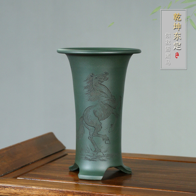 神力精品紫砂花盆民国绿束腰艺师全手工刻绘兰花盆室内古典兰草盆