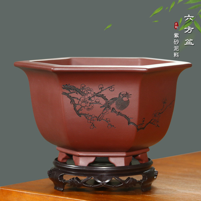 神力精品紫砂花盆底槽清六方花盆桌面春兰花古典绿植花卉紫砂盆景