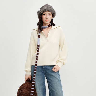 HPLY荷比俪2025冬新款100绵羊毛半开拉链设计翻领修身显瘦毛衫