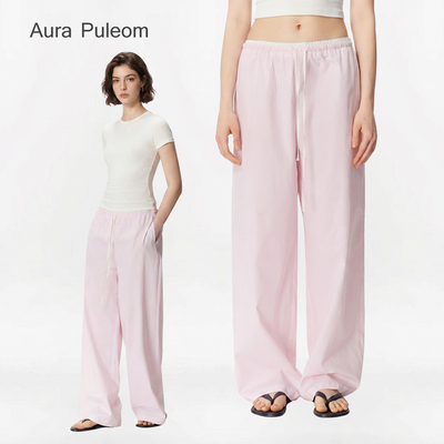 Aura Puleom 中低腰薄款双腰头粉色竖条纹直筒垂感休闲裤阔腿裤女