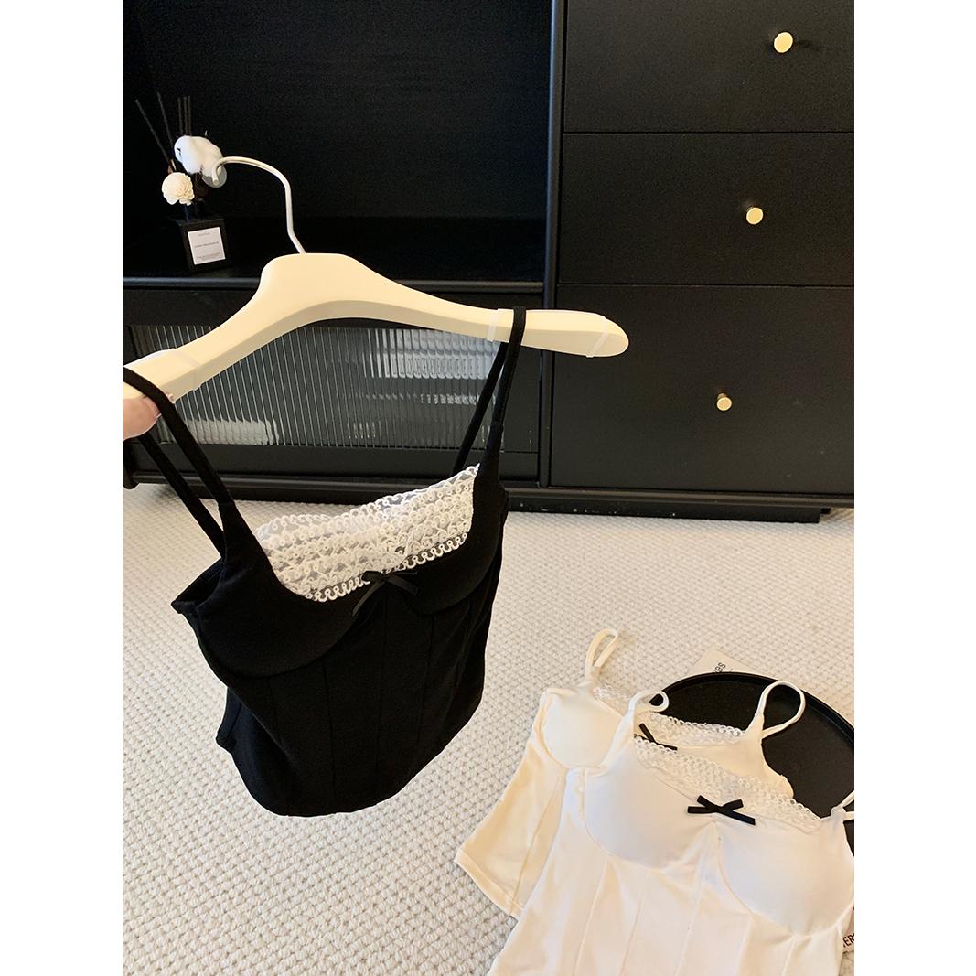 实拍芭蕾风蕾丝花边吊带女夏季款立体蝴蝶结带胸垫背心无袖小上衣