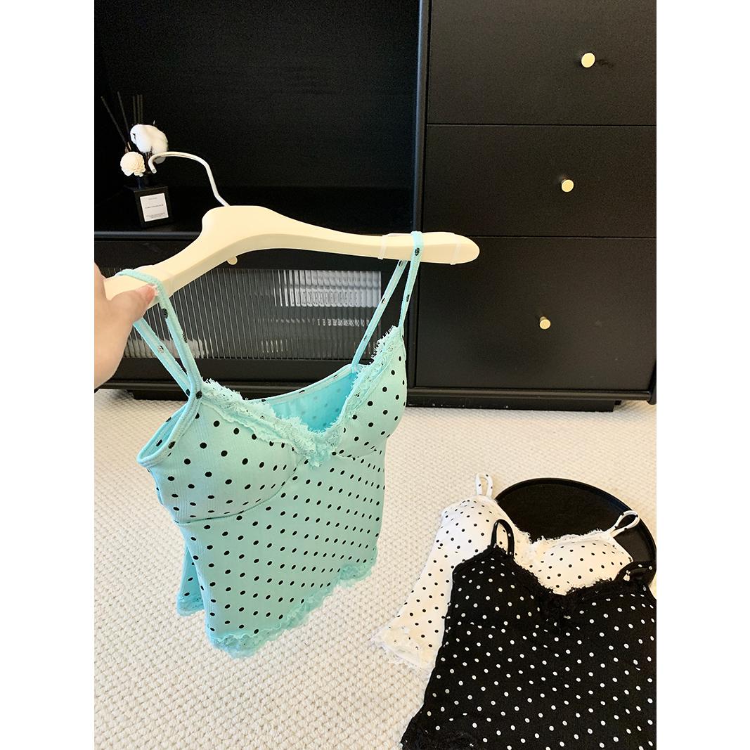 款实拍辣妹风波点修身V领吊带女装夏季减龄蕾丝花边带胸垫背心女
