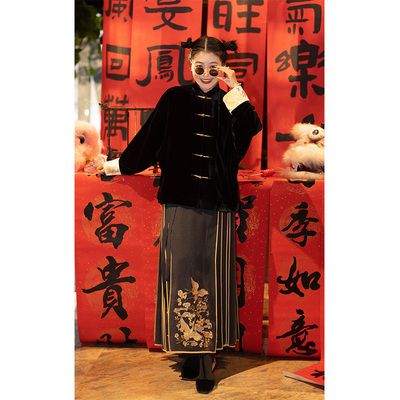 大象和长颈鹿 新中式特别设计 仙禽告瑞金线刺绣仙鹤马面裙401220