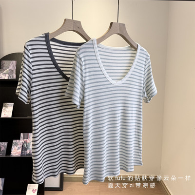 经典条纹U领短袖T恤女夏季宽松显瘦百搭zi带凉感像云朵一样上衣