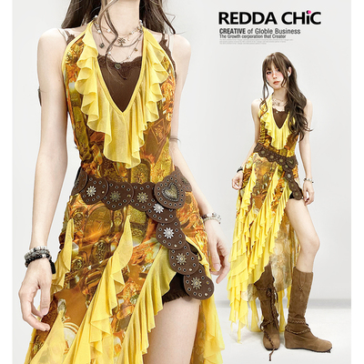 美式复古民族风不规则吊带连衣裙度假穿搭辣妹开叉荷叶边开叉长裙