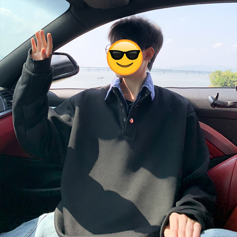 拼接假两件卫衣男美式格纹polo领百搭上衣新款潮牌宽松设计感百搭