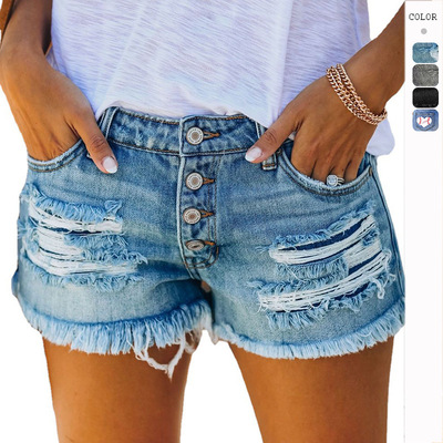 破洞流苏牛仔短裤直排扣女热裤 Ripped denim shorts hot pants