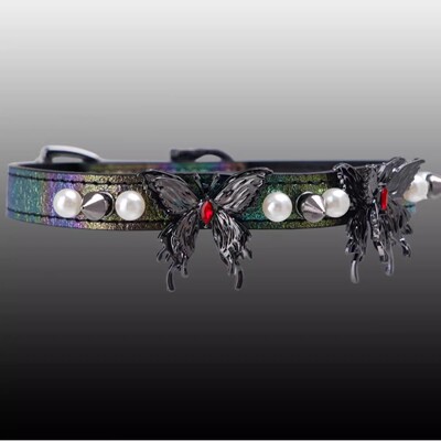 Aura Collar高端轻奢真皮choker项圈牵引绳镭射蝴蝶朋克QQ项圈