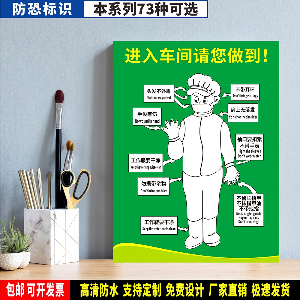 进入车间穿戴好防护用品 防水贴纸硬质ABS牌检查验厂防恐标识FK45