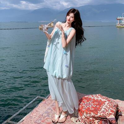 法浪漫风花朵拼接无袖连C506-518衣裙女季新款宽松显瘦假两件仙女