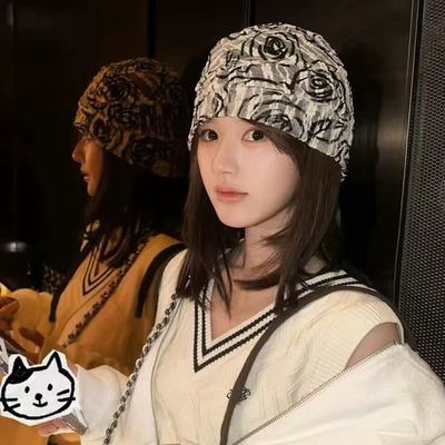 赵露思ins同款玫瑰花蕾丝包头帽子女款网纱透气显脸小冷帽包头帽