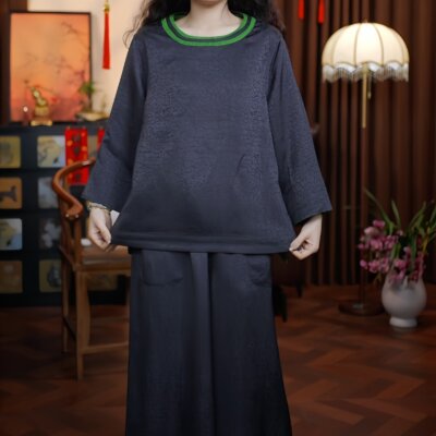 月华清辉（黑绿色）圆领上衣裤子七分袖龟裂女装两件套