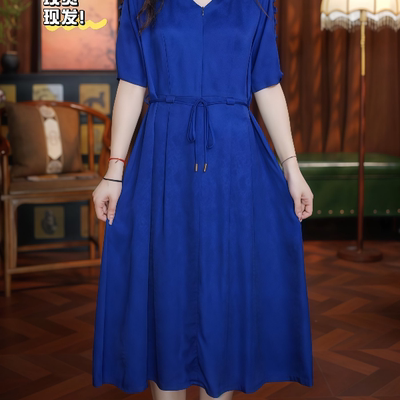 宝石蓝 V领秋季中长裙拉链连衣裙时尚民族风显瘦收腰