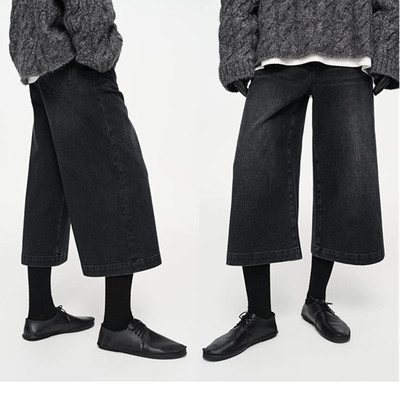 jaja Capri经典褪色长绒棉廓形复古八分喇叭牛仔裤