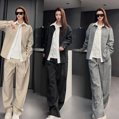 春季松弛感套装帅气老钱风假两件外套休闲裤两件套时尚套装男款