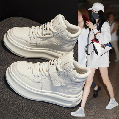 超火高帮棉鞋女202新款爆款秋冬真皮小白鞋增高厚底松糕休闲板鞋