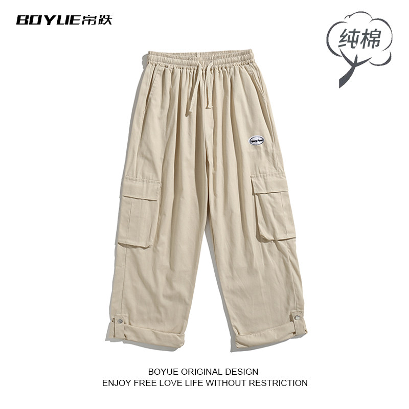 BOYUE帛跃春夏季字母绣标纯棉工装裤裤脚纽扣休闲裤直筒阔腿裤男_虎窝淘
