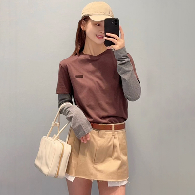 美拉德咖色假两件拼接长袖T恤女