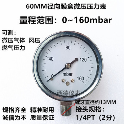 60MM径向0－160mbar压力表 毫巴压力表 微压毫巴表 气压表 燃气表