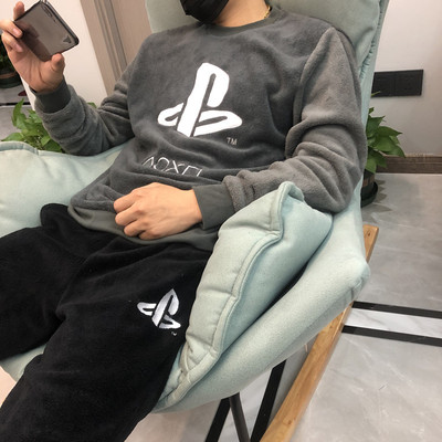 小喜家男冬季加绒珊瑚绒睡衣保暖秋冬超柔套装游戏刺绣舒适
