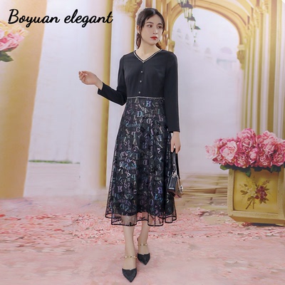 高端珠片绣字母假两件拼接连衣裙