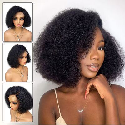 Black Girls' Afro Curly Human Hair Lace Closure Short Wig