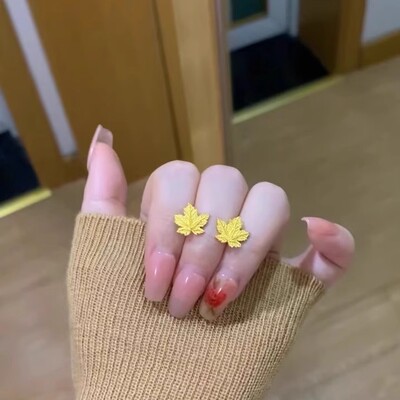 S925银枫之叶耳钉纯手工金色枫树叶耳环新款潮百搭时尚耳饰礼物女