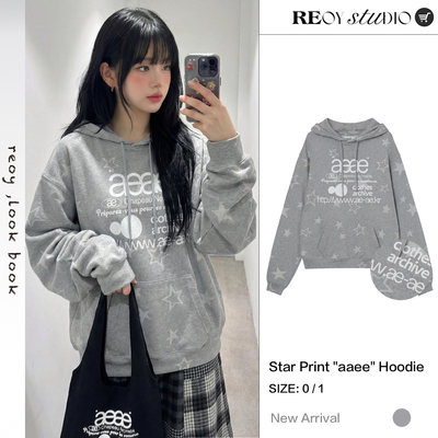 REOY Stu”韩版aeae复古浅灰色星星连帽卫衣慵懒风宽松抽绳帽衫