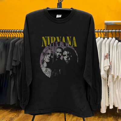 Nirvana 涅槃乐队三人圆形人像印花 美式复古休闲松弛感长袖T恤