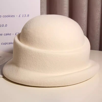 千金风优雅羊毛呢定型礼帽女秋冬轻奢翘边圆顶保暖褶皱短帽沿盆帽