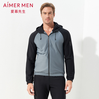 aimer men爱慕先生酷感运动帽衫灰黑中绒插肩拉链长袖NS62C848