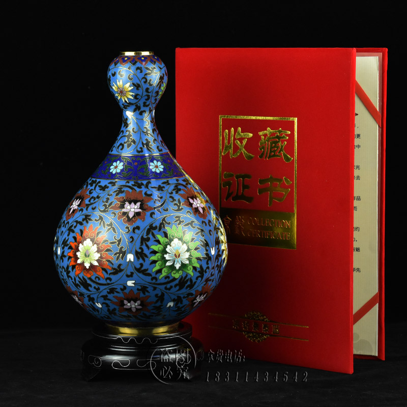 张向东大师景泰蓝花瓶仿故宫10寸蒜头传统手工艺北京特色礼品证书